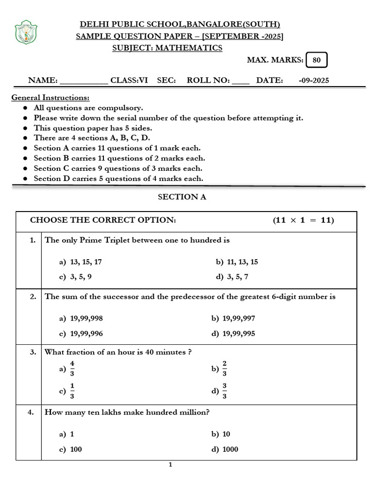 Grade 6 Math Midterm Sample Paper Sept 2025 | PDF | Mathematics
