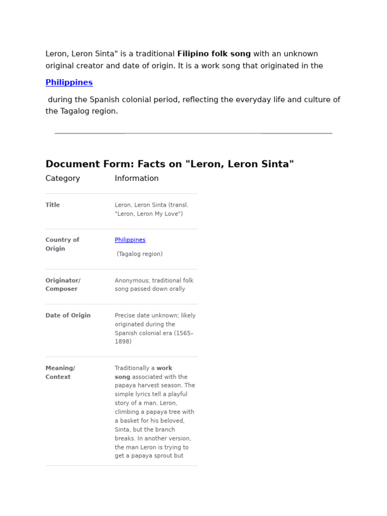 Leron, Leron Sinta: A Filipino Folk Song | PDF