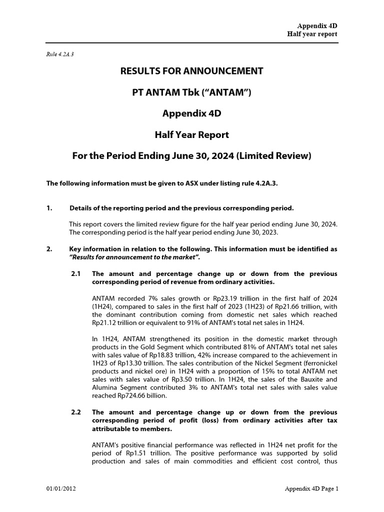 Appendix4d Half Year Report 1h24 Limited Review | PDF | Dividend | Net ...