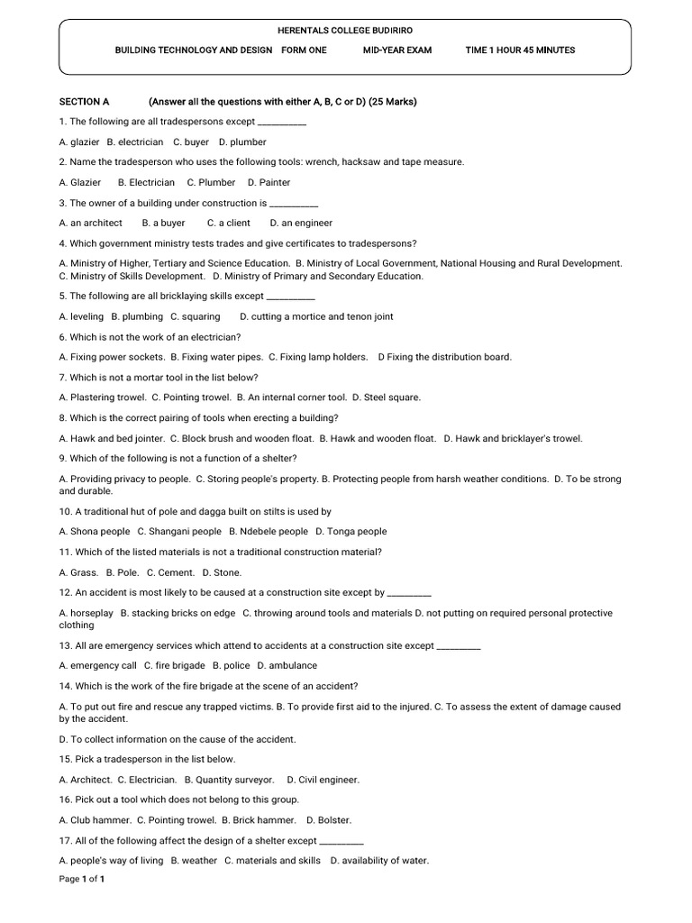 Building Technology Exam Questions | PDF | First Aid