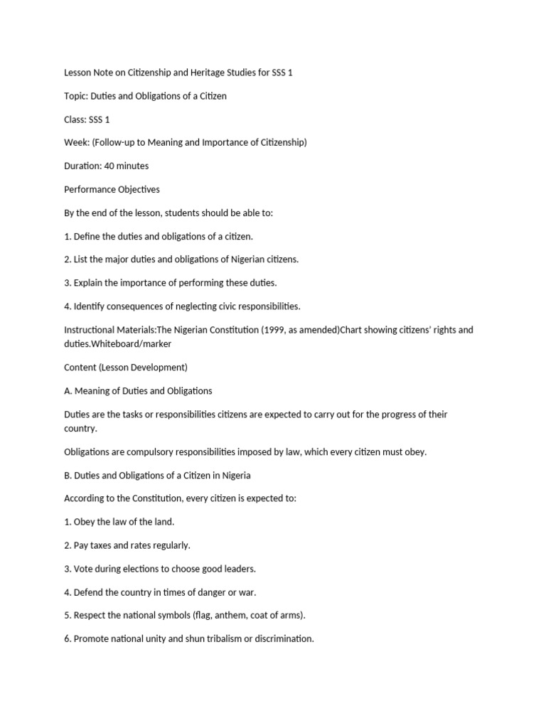 Duties and Obligations of Nigerian Citizens | PDF | Citizenship | Rule ...