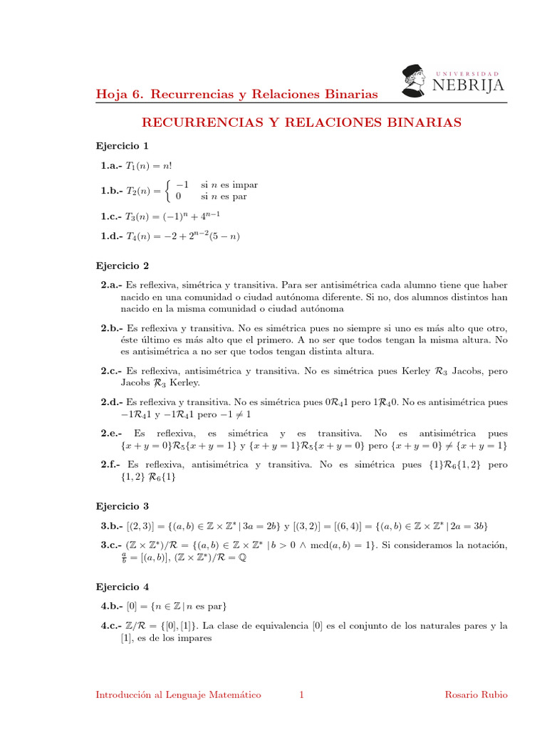 Soluciones Ejercicios Hoja 6. Recurrencias y Relaciones Binarias | PDF ...