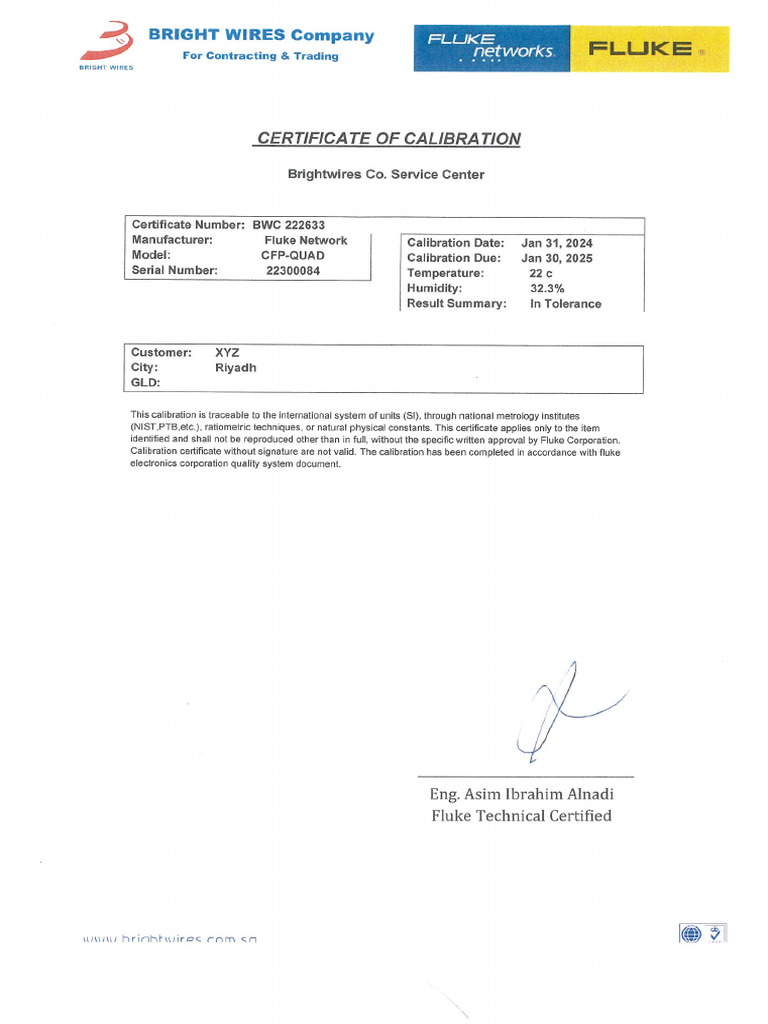 Calibration Certificate 22300084 Jan 2025 | PDF