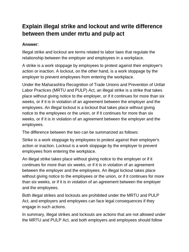 Explain Illegal Strike and Lockout and Write Difference Between Them Under Mrtu and Pulp Act ...
