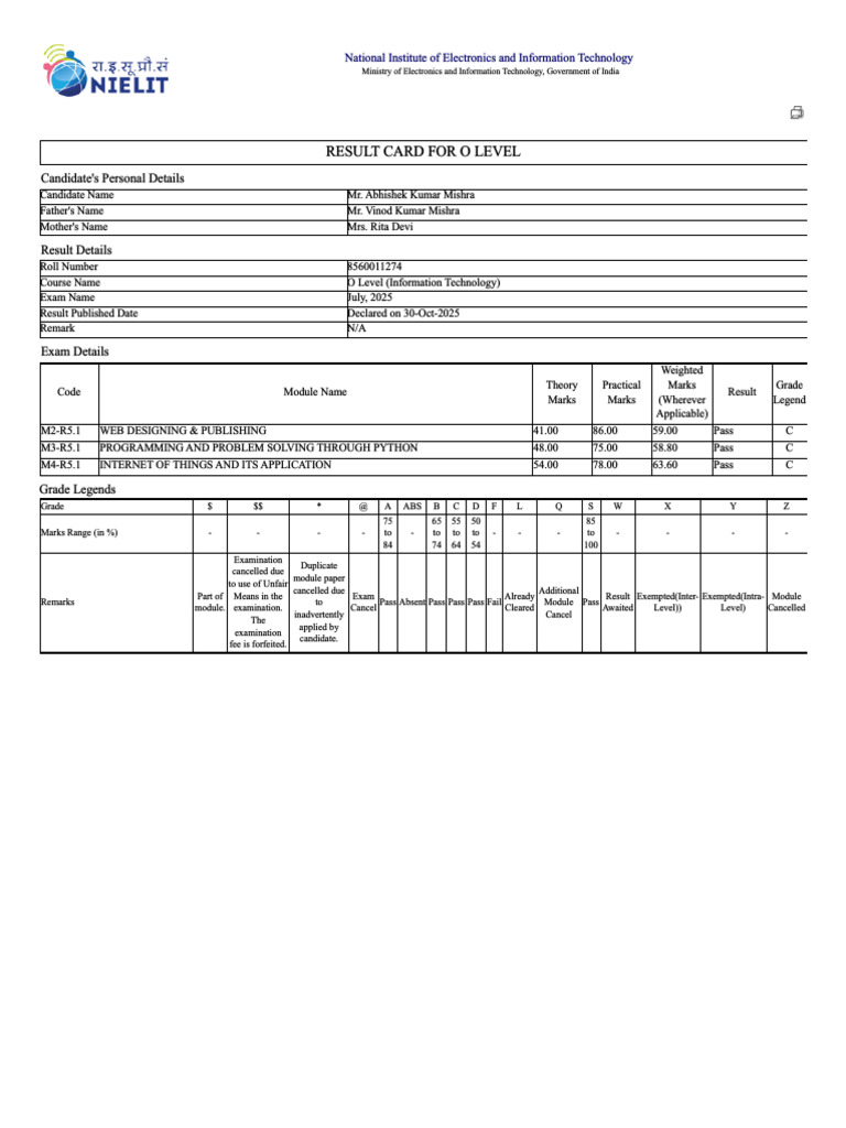 O Level Result Card for Abhishek Mishra | PDF