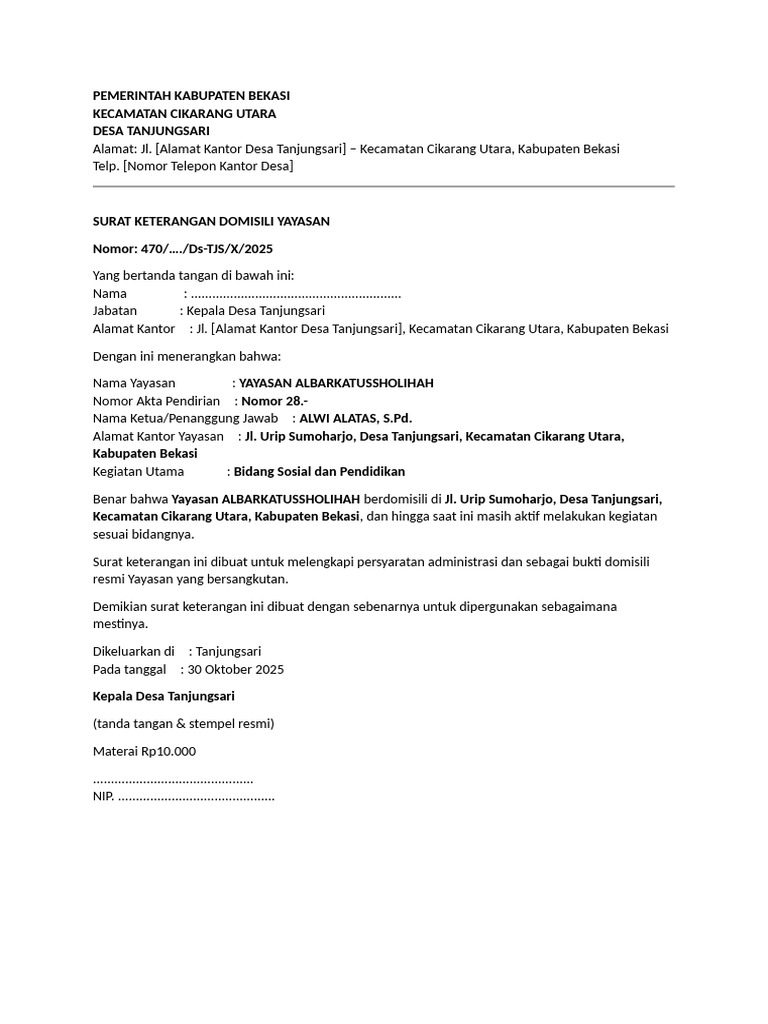 Surat Keterangan Domisili Yayasan Bekasi | PDF