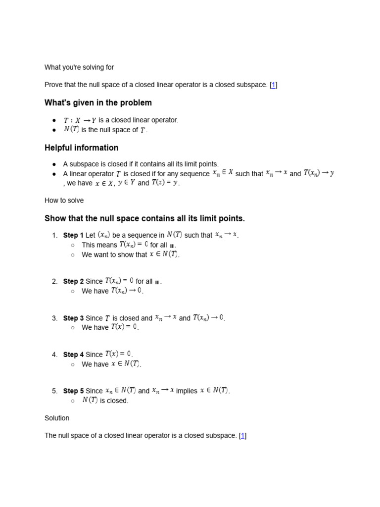 (Null Space) Show That The Null Space N (T) of A Closed Linear Operator ...