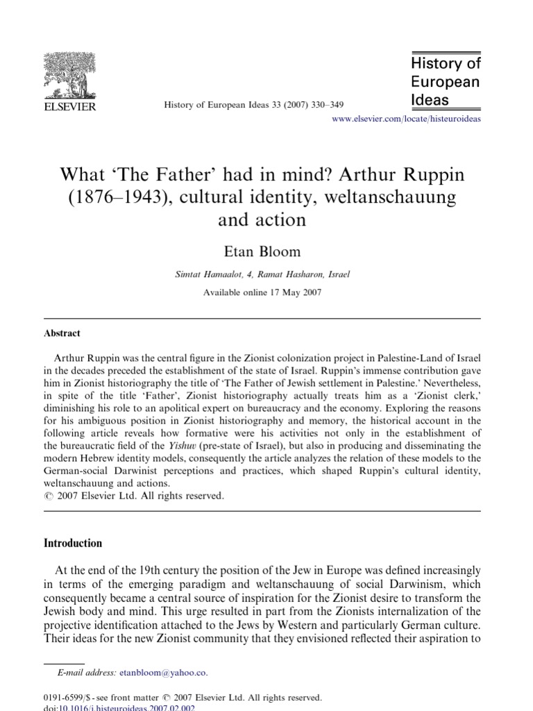 What 'The Father' Had in Mind Arthur Ruppin (1876 1943), Cultural ...