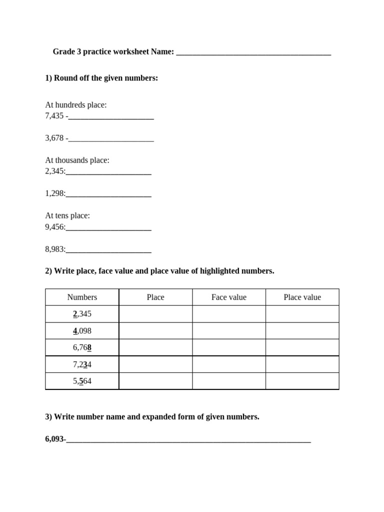 Grade 3 Practice Worksheet | PDF