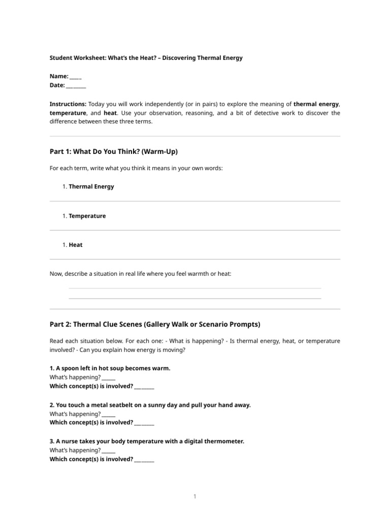 Thermal Energy Intro Worksheet | PDF | Heat | Temperature