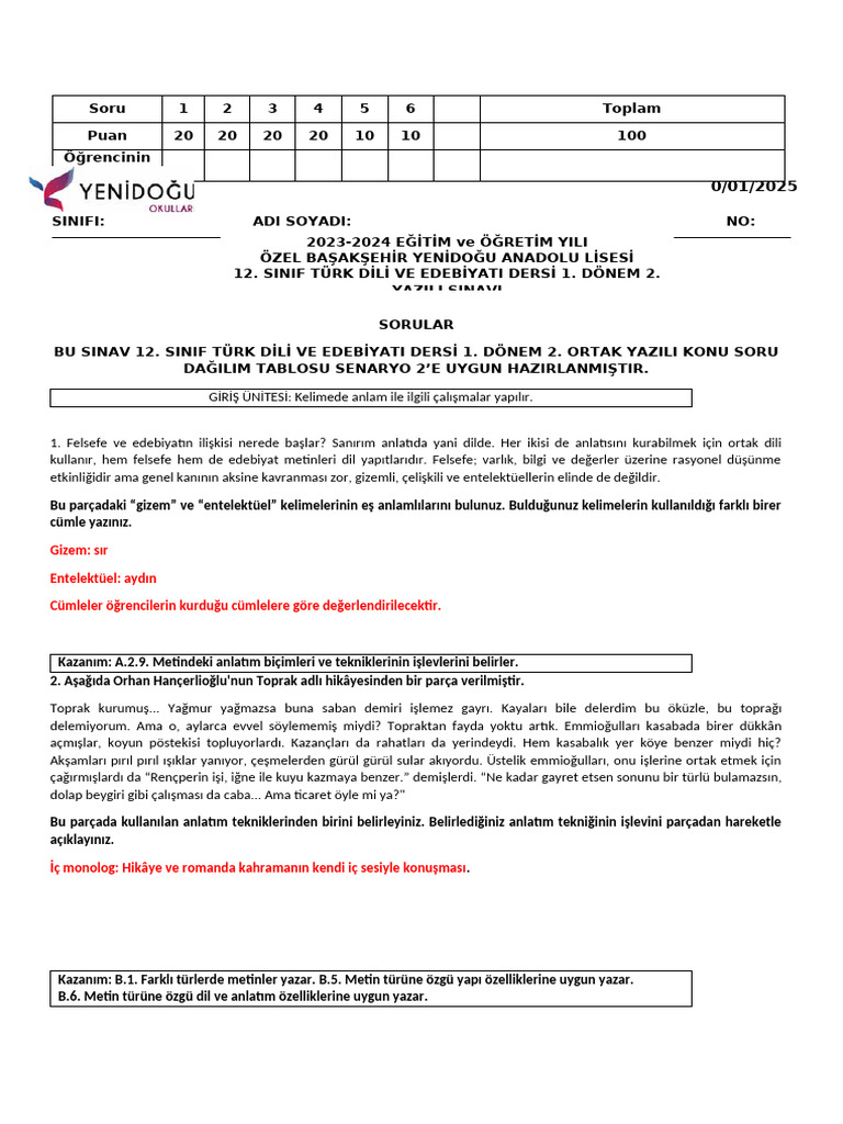 CEVAP ANH.12 TDE 1.DÖNEM 2.SINAV 2024 | PDF