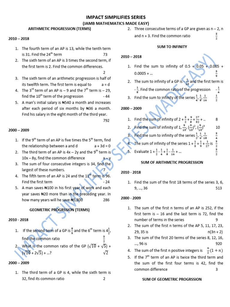 JAMB Mathematics: AP & GP Problems | PDF | Discrete Mathematics ...