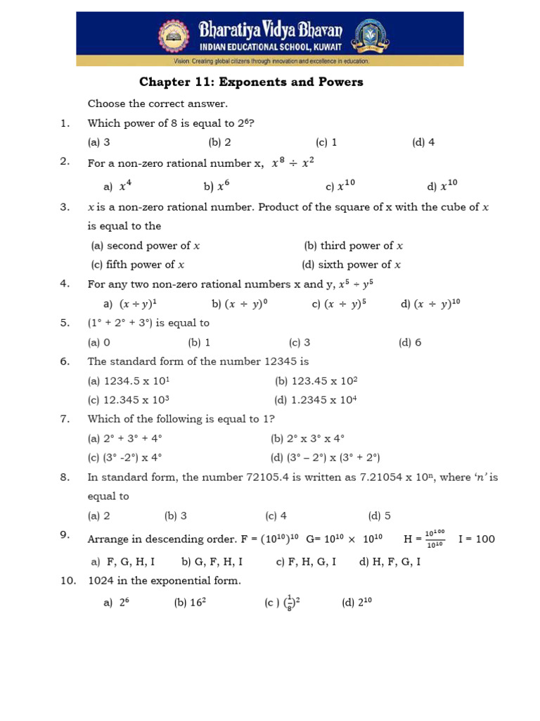 Exponents and Powers Practice Questions | PDF | Exponentiation | Area