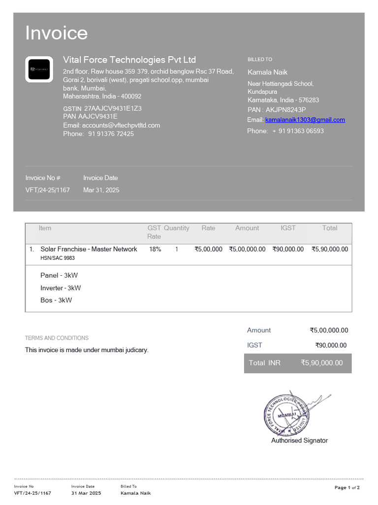Invoice Vft24 251167 Vital Force Technologies PVT LTD Kamala | PDF