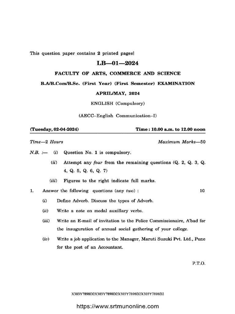 Ba Bcom BSC 1 Sem English English Communication 1 LB 01 May 2024 | PDF