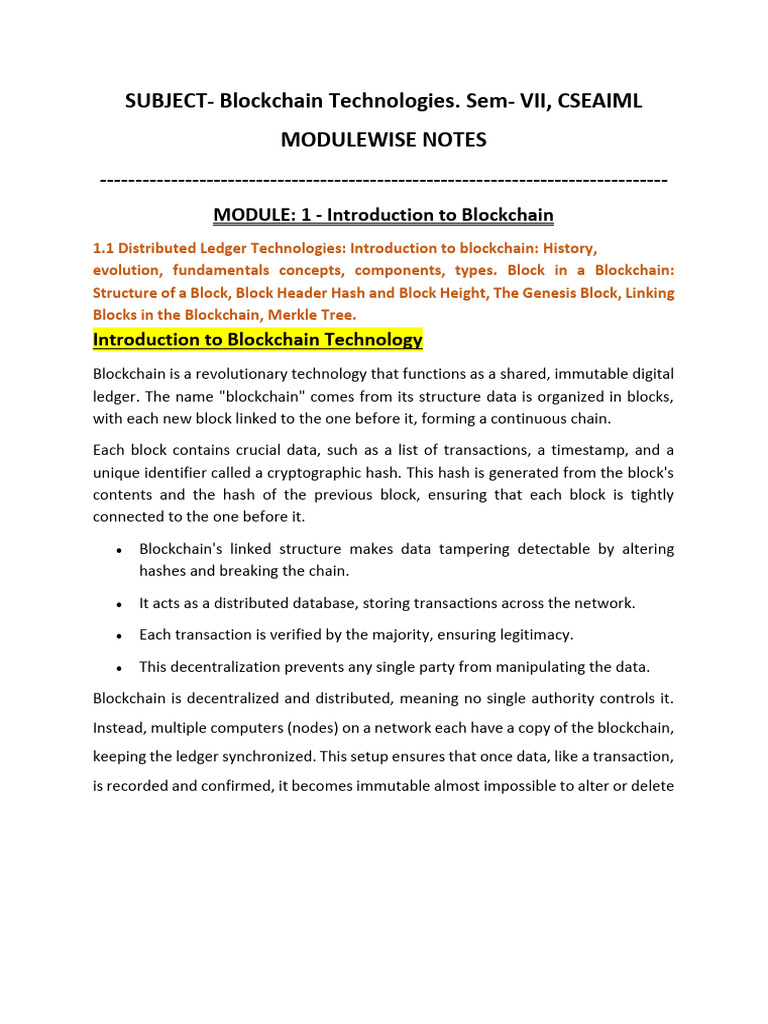 Blockchain Technologies. Sem - VII, CSEAIML - Modulewise Notes For ...