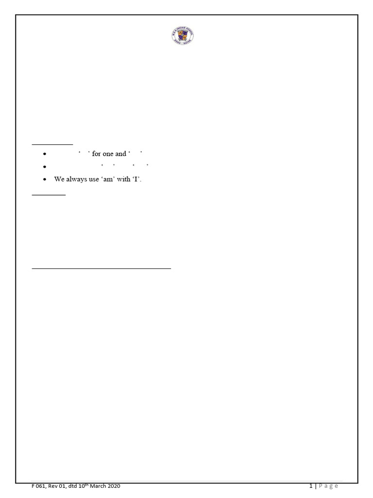 English Grammar: Is, Are, Am for Class 1 | PDF