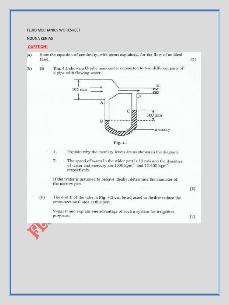 Fluid Mechanics Worksheet1 | PDF
