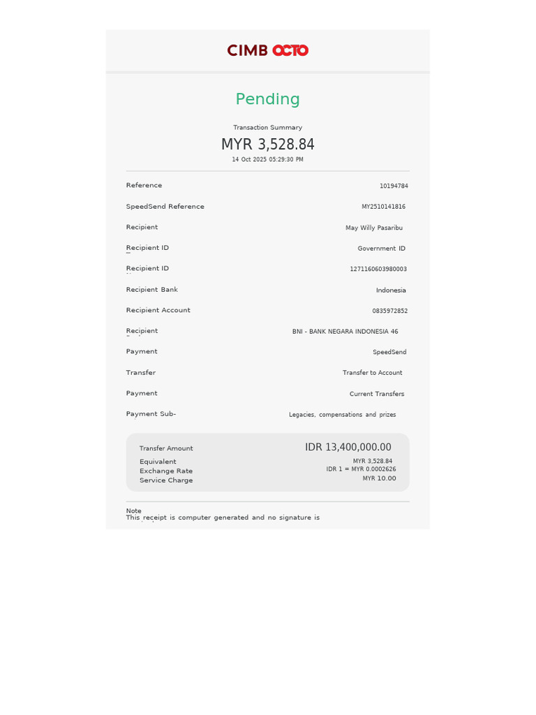 SpeedSend Transaction Summary for MYR 3,528.84 | PDF
