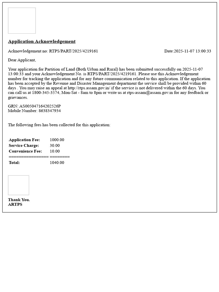 Application Acknowledgement: Application Fee: Service Charge ...