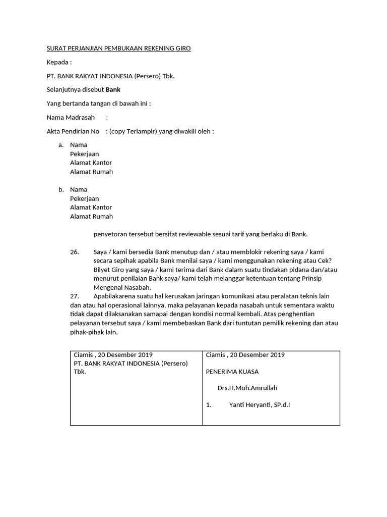 Surat Perjanjian Rekening Giro BRI | PDF