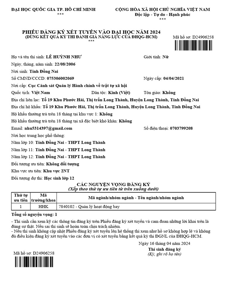 Phieu Dang Ky Xet Tuyen | PDF