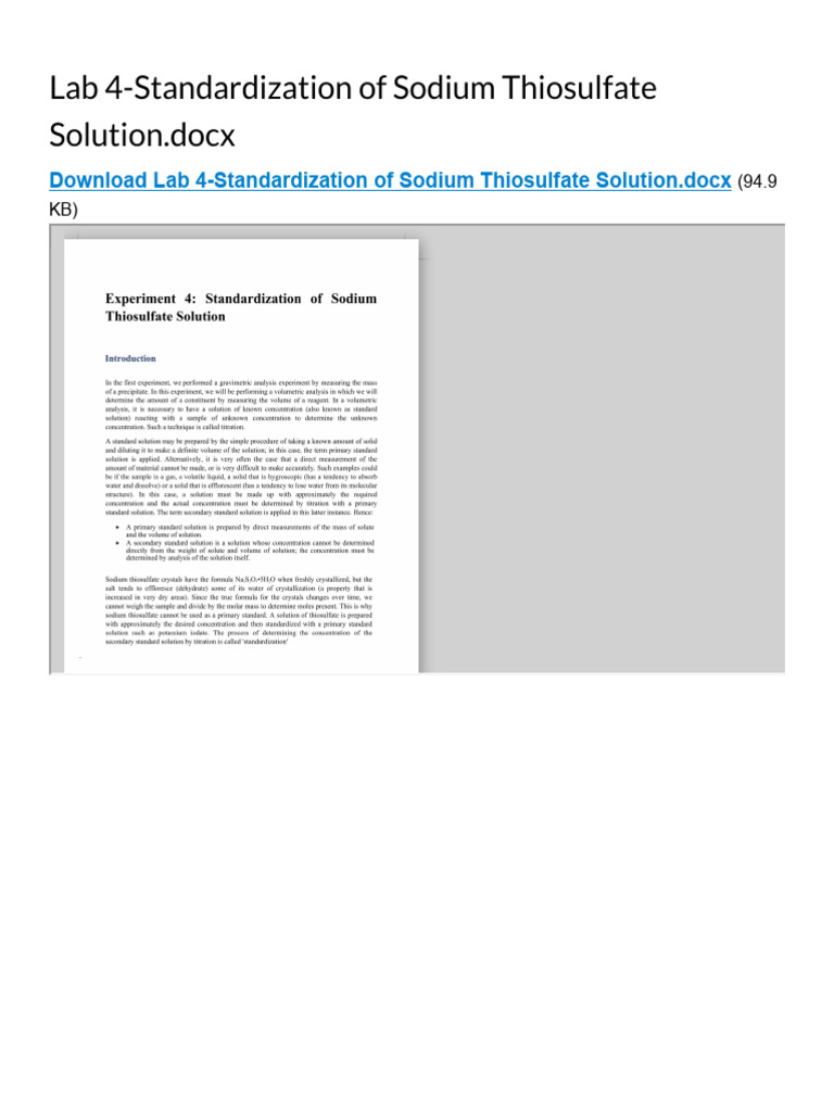 Lab 4-Standardization of Sodium Thiosulfate Solution.docx- CHEM 101 | PDF | Titration | Chemistry