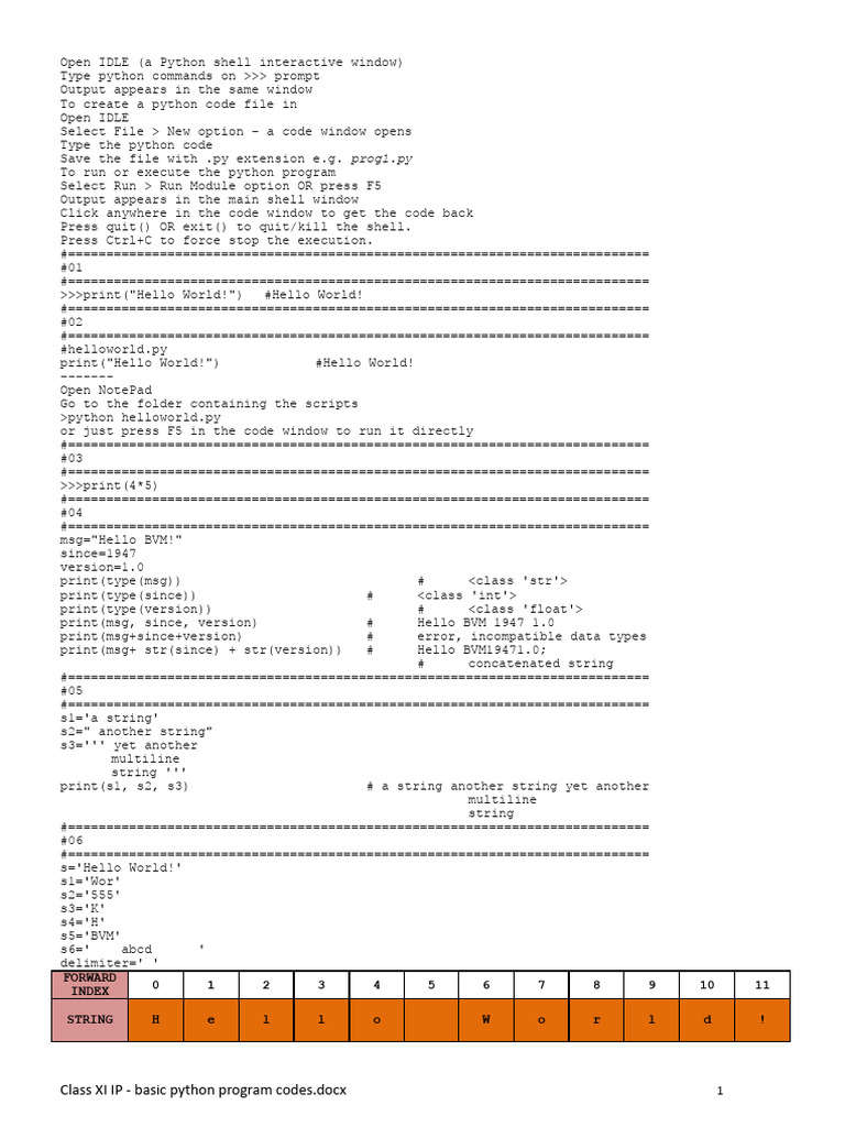 Class XI IP - Basic Python Program Codes.docx | PDF | Computer Engineering | Software