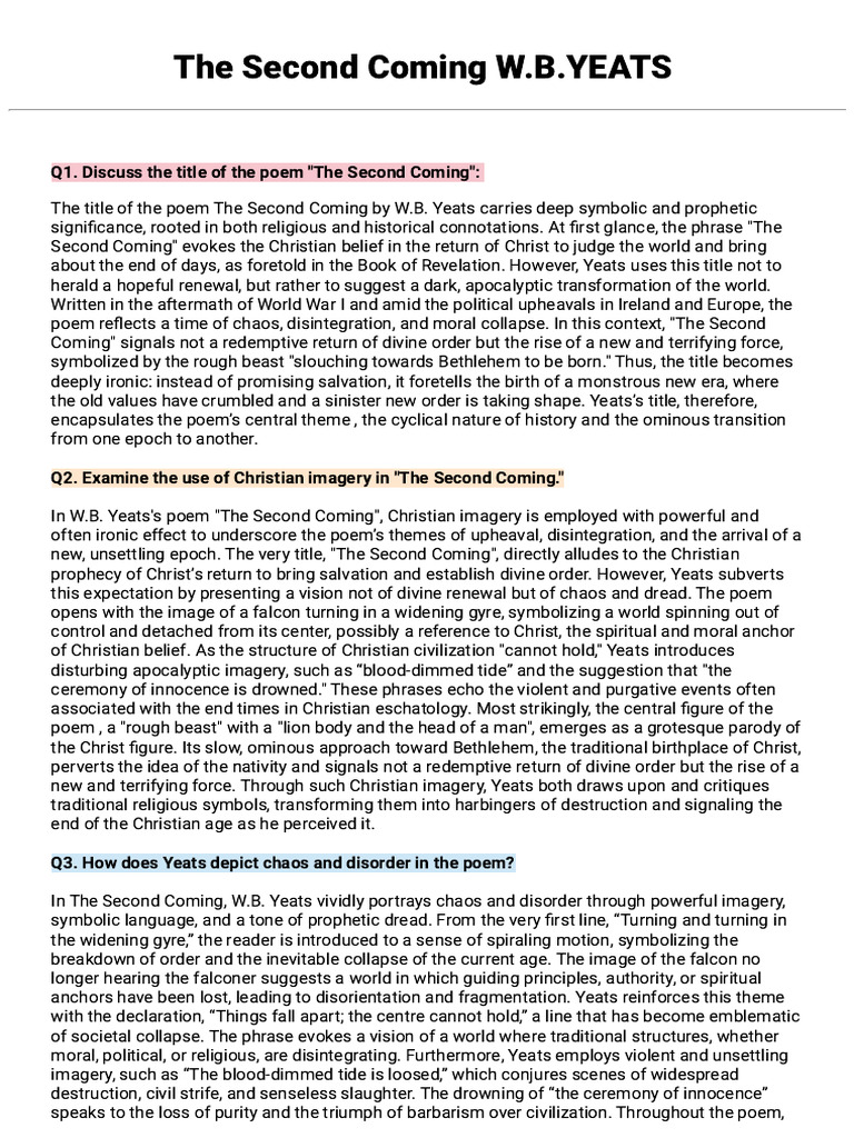The Second Coming W.B.yeats | PDF | Second Coming