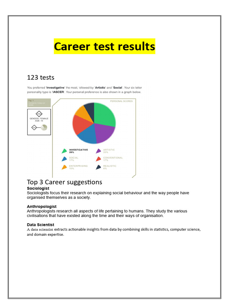 Top Career Test Results & Suggestions | PDF