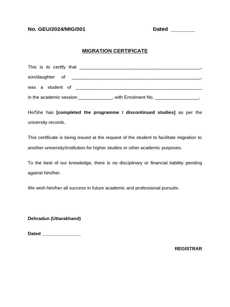 Migration Certificate Template | PDF