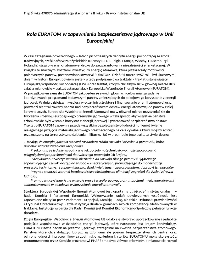 Rola EURATOM w Zapewnieniu Bezpieczeństwa Jądrowego w Unii Europejskiej Nowa - FILIP ŚLIWKA | PDF