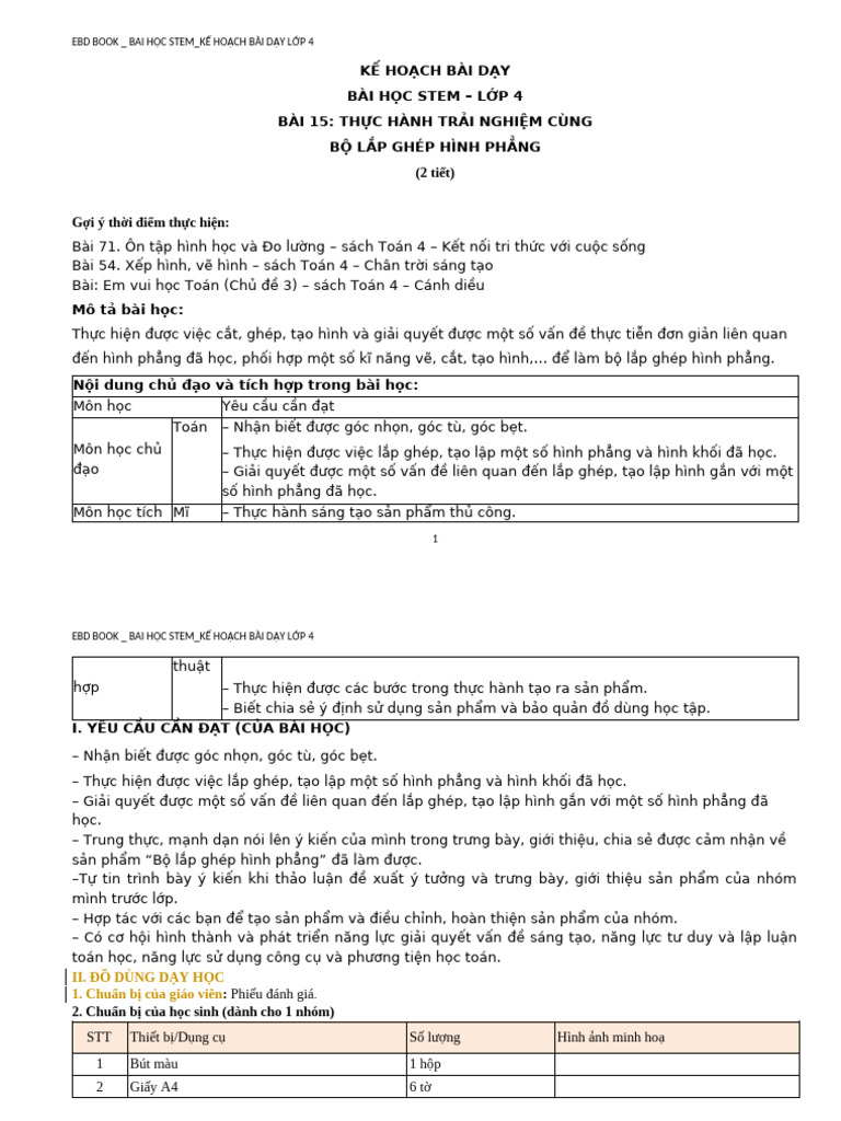 BH STEM 4_Bài 15. Thực Hành Trải Nghiệm Cùng Bộ Lắp Ghép Hình Phẳng_KHBD | PDF