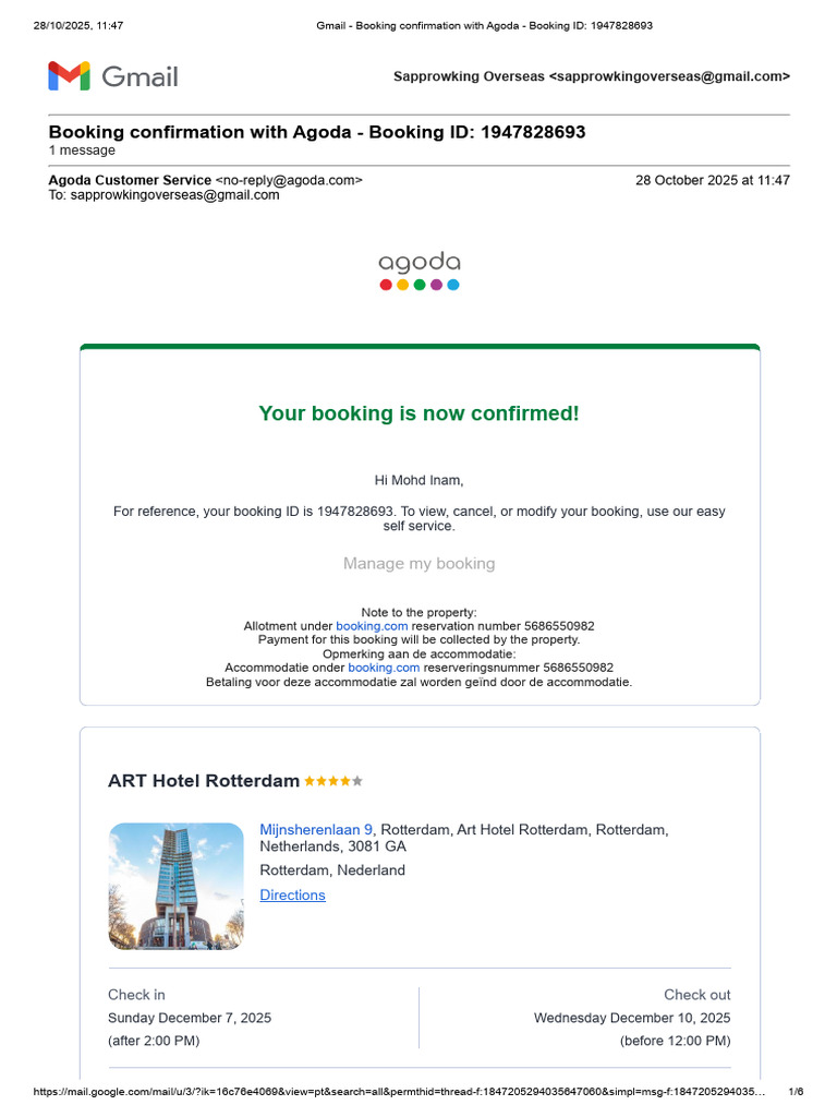 Agoda Booking Confirmation for Rotterdam | PDF