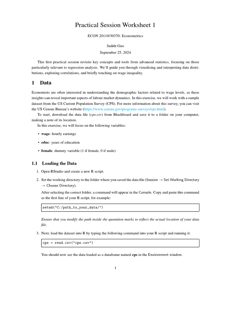 Practical Worksheet 1 Econometrics | PDF | P Value | Statistics