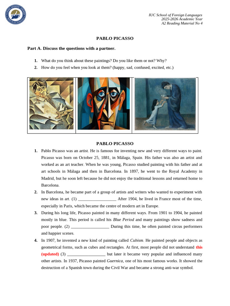 Reading Material 4-Pablo Picasso | PDF | Pablo Picasso | Cubism