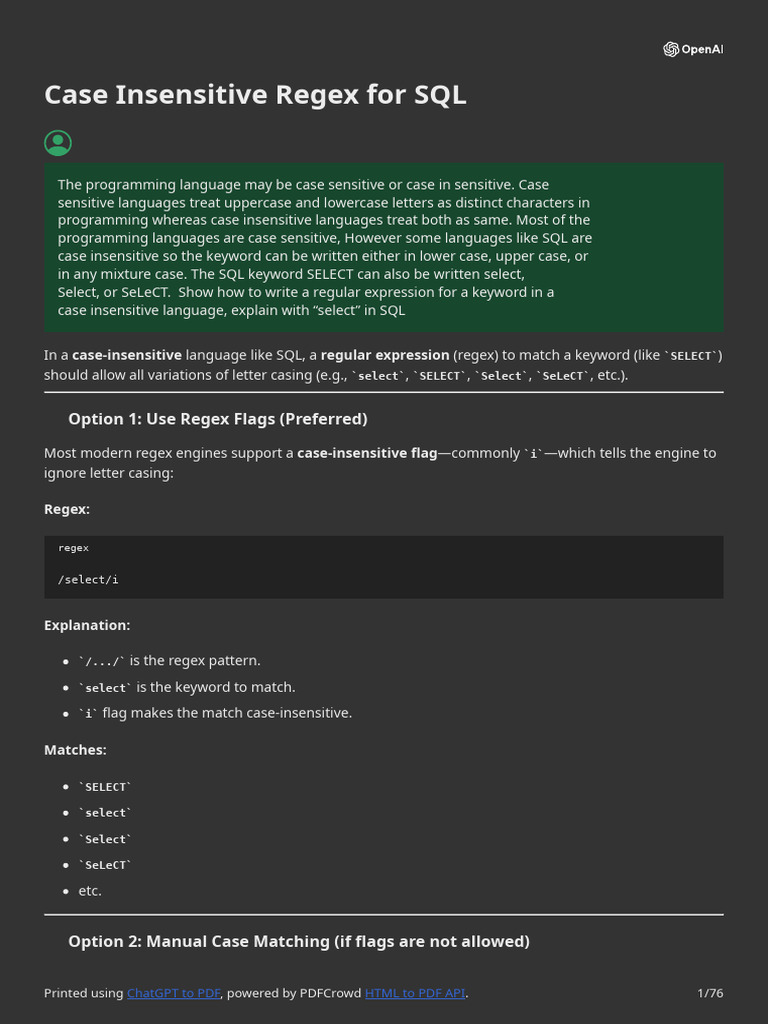 Case Insensitive Regex For SQL | PDF | Parsing | Computer Programming