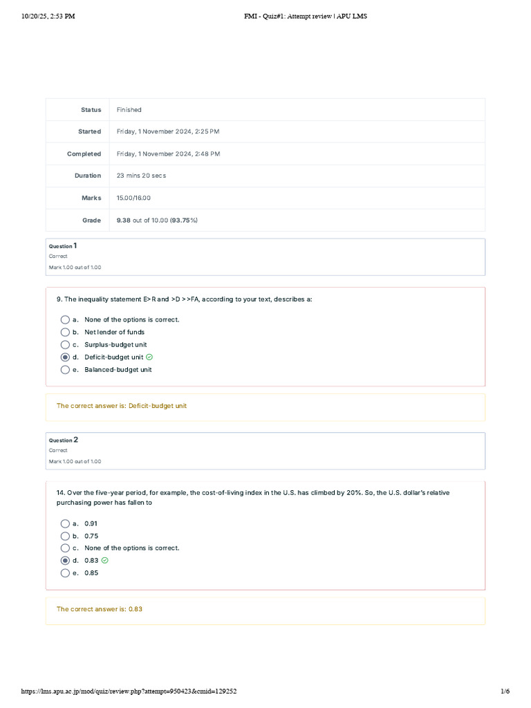 FMI Quiz1 Attempt Review APU LMS | PDF | Cost Of Living | Money