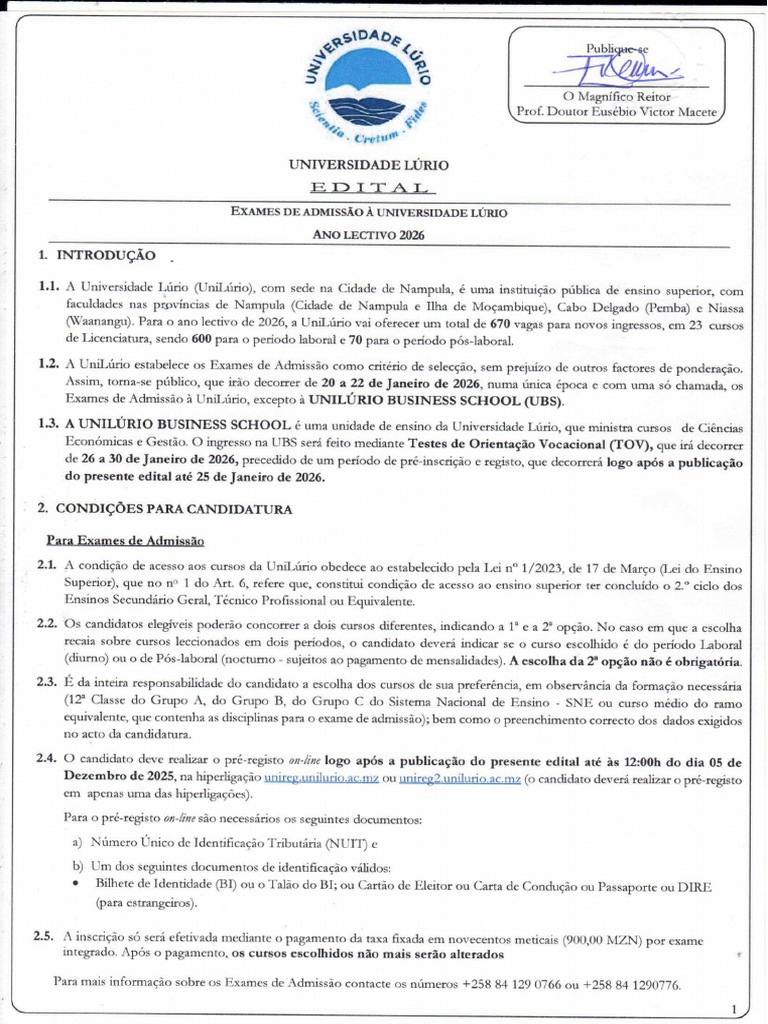 UniLúrio - Edital 2026 | PDF