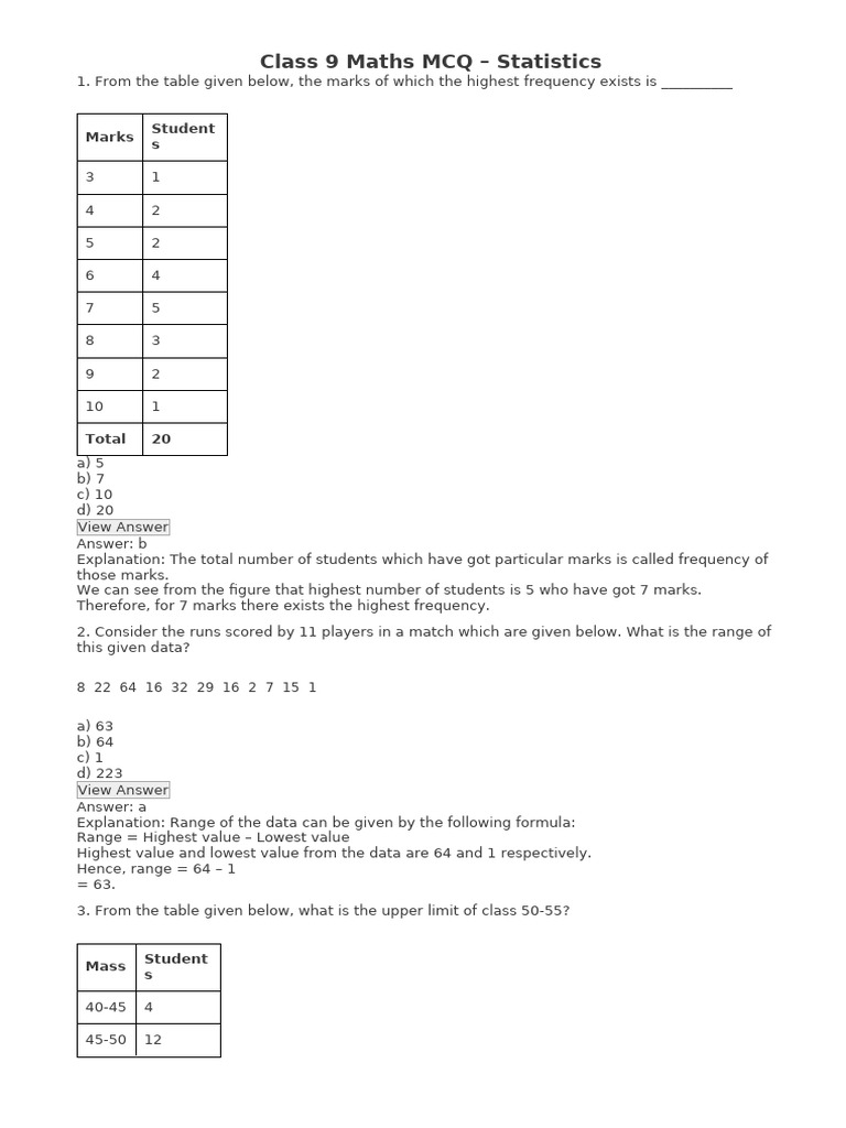 Class 9 Maths MCQs on Statistics | PDF | Mode (Statistics) | Mean