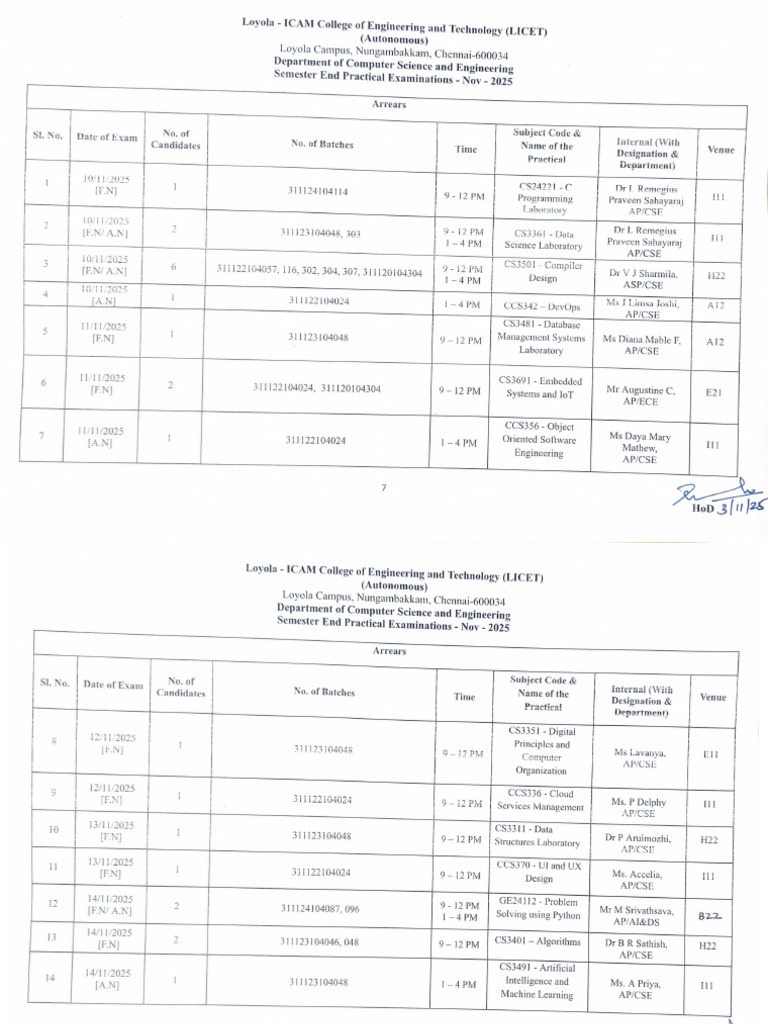 CSE Arrears Practical Schedule | PDF