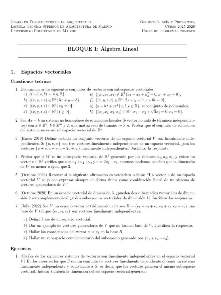 Hoja Bloque 1 Alg Lin | PDF | Mapa lineal | Valores propios y vectores ...