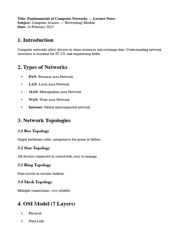 Fundamentals Of Computer Networks Lecture Notes Pdf