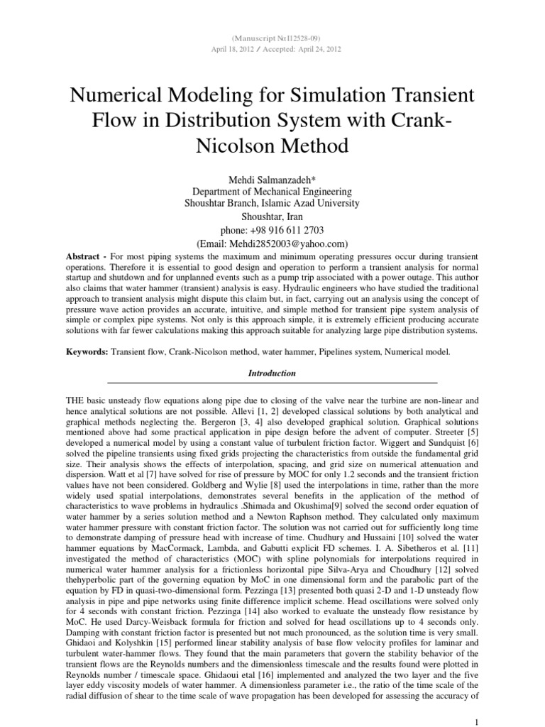 Numerical Modeling For Simulation Transient Flow in Distribution System With Crank-Nicolson ...