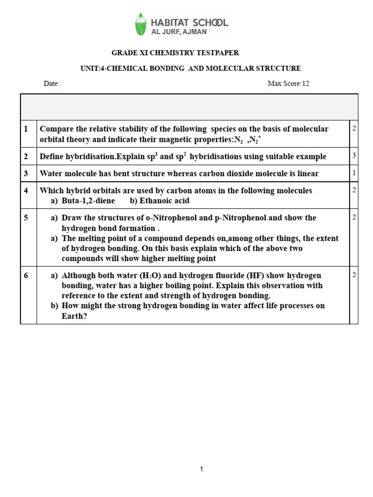 Testpaper-chemical Bonding and Structure Worksheet -Grade Xi | PDF