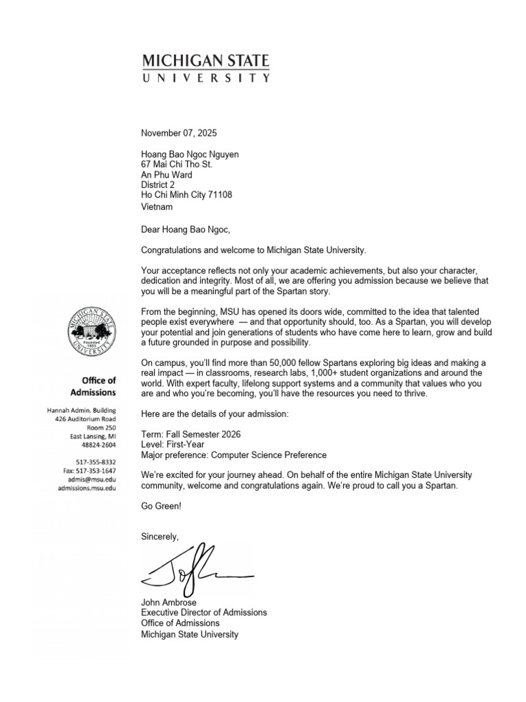 MSU Admission Acceptance Letter 2026 | PDF