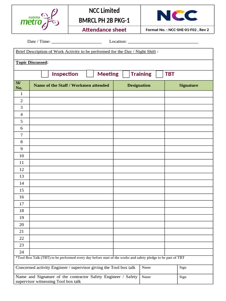 Ncc-Hse-01-F03 TBT Template. 10 Nos | PDF