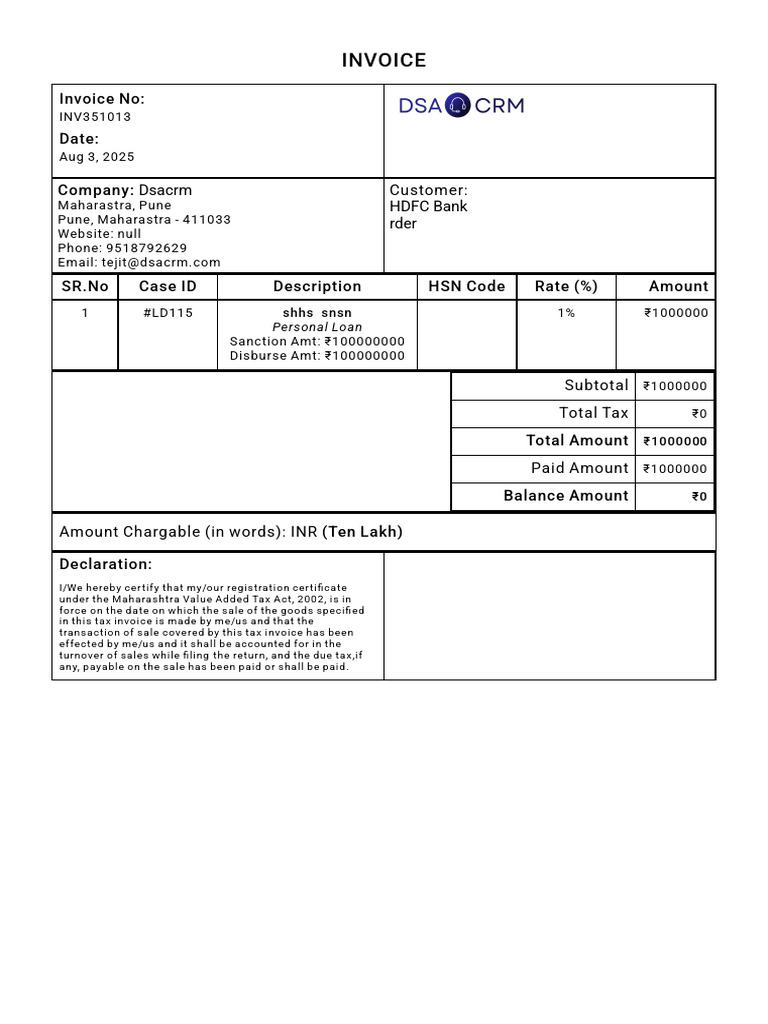 Invoice for HDFC Bank Personal Loan | PDF