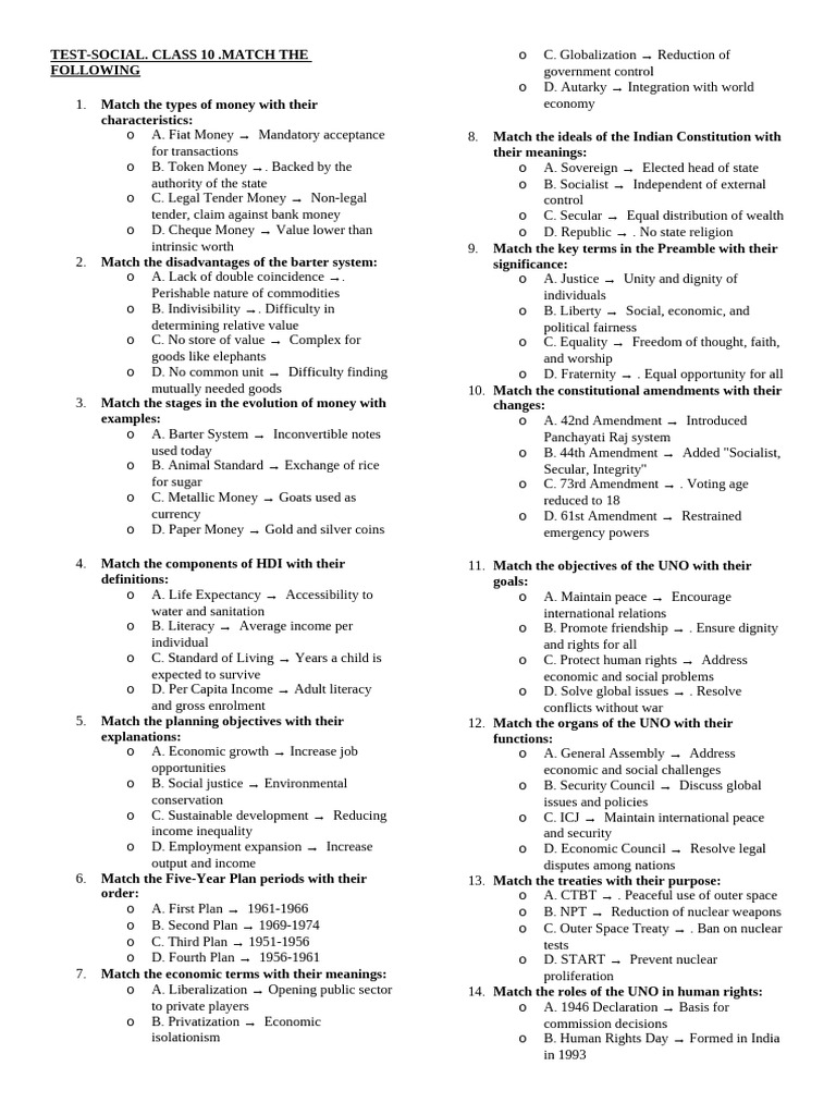 Test-Social. Class 10 .Match The Following Whole Book | PDF | Oceans ...