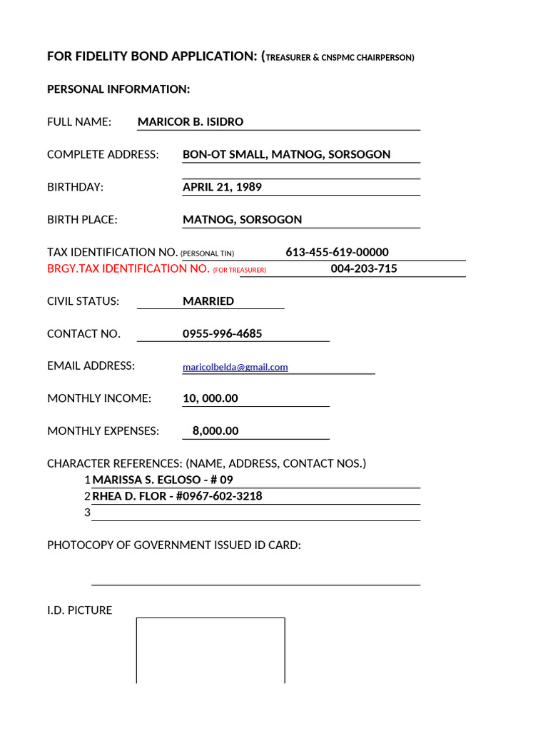 Personal Information for Fidelity Bond Application | PDF